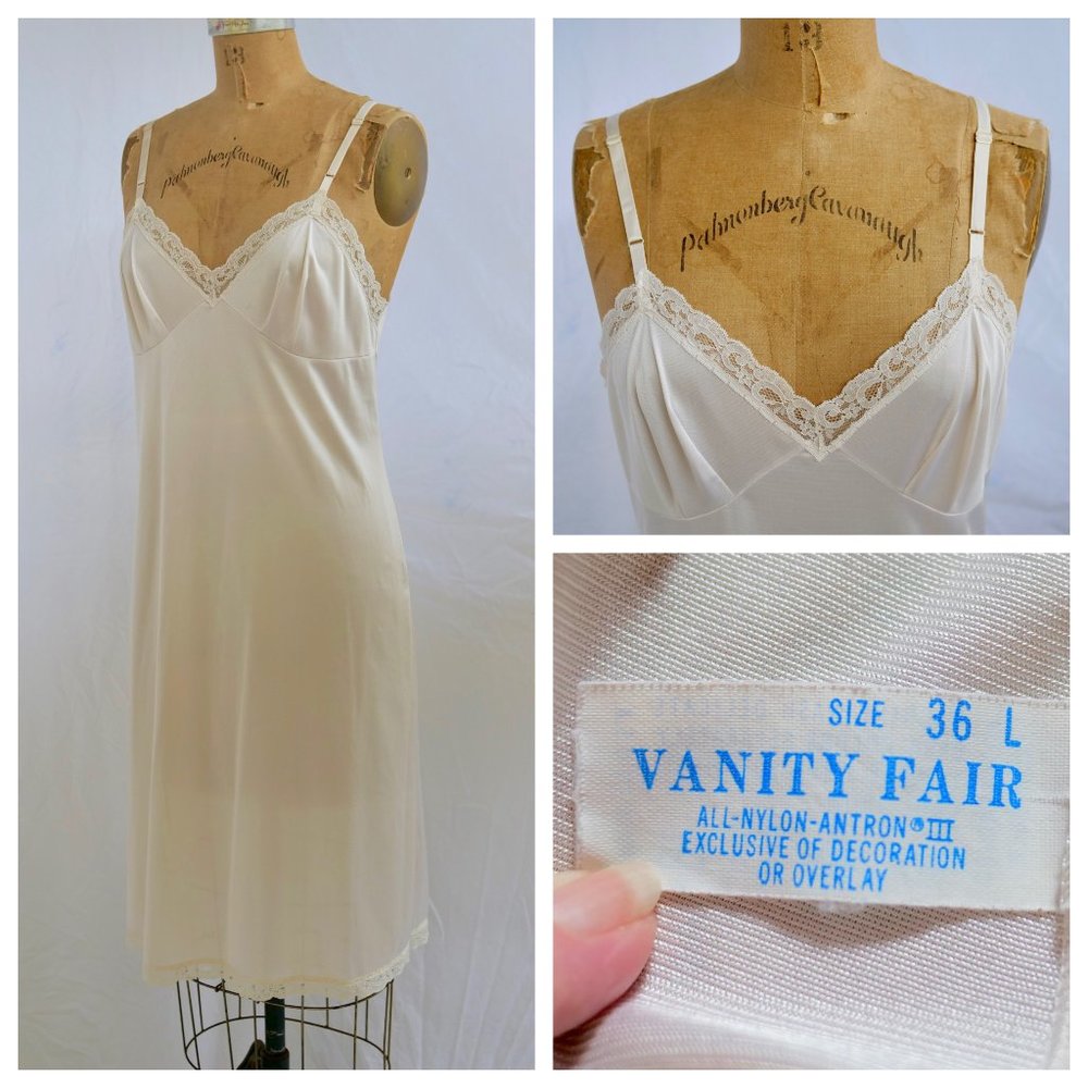 Vtg 70s Vanity Fair Nude Cream Full Slip Floral Lace … - Gem